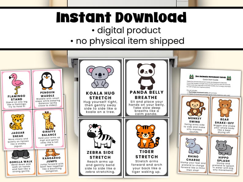 Zoo Animals Movement Cards for Kids | Brain Breaks, Gross Motor ...