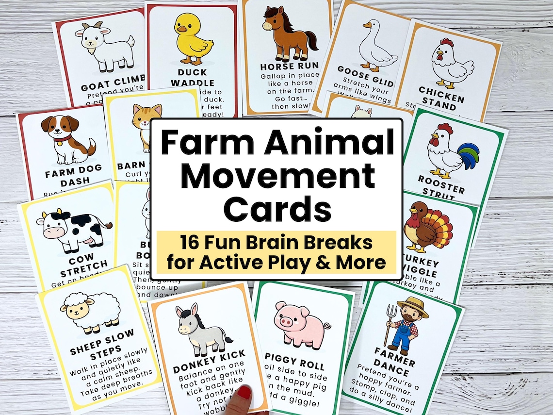 Farm Animal Movement Cards for Kids | Brain Breaks | Gross Motor ...
