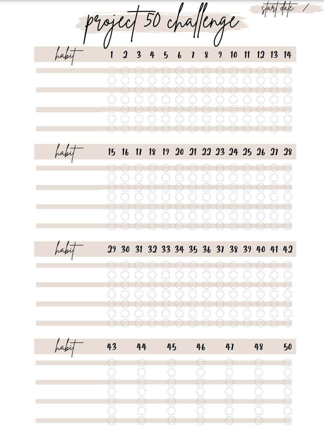 Project 50 Challenge Daily Checklist Tracker - Simple and Personal - Etsy