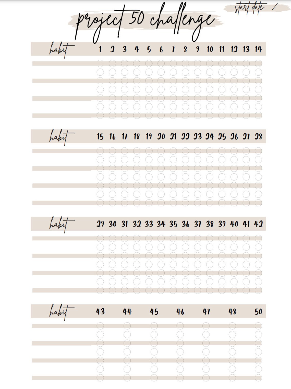 Project 50 Challenge Daily Checklist Tracker - Simple and Personal - Etsy