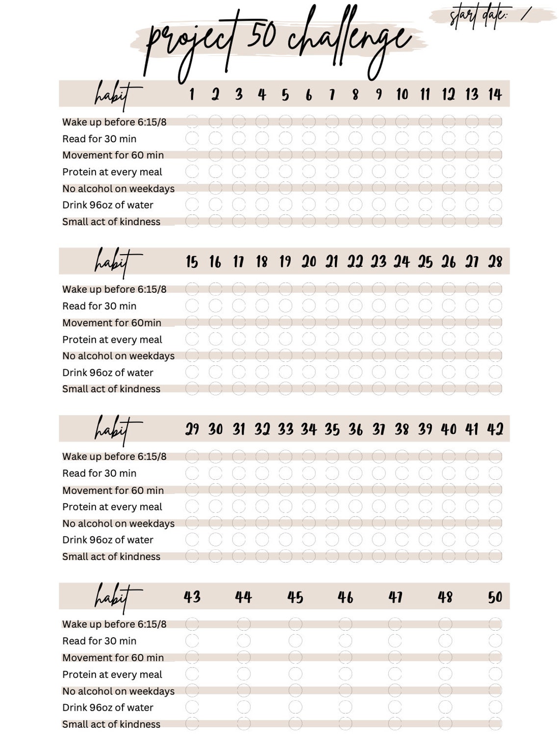 Project 50 Challenge Daily Checklist Tracker - Simple and Personal - Etsy