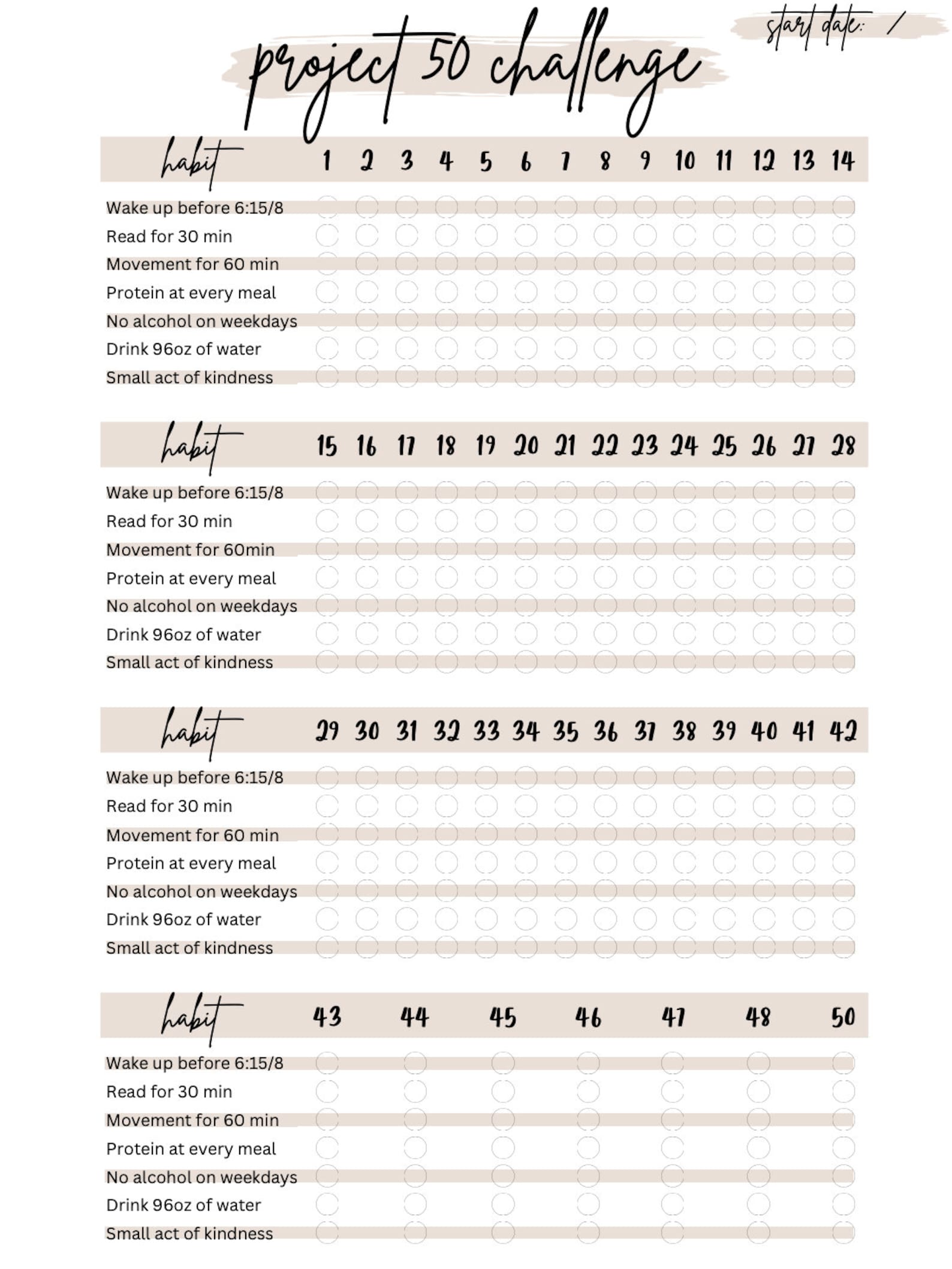 Project 50 Challenge Daily Checklist Tracker Simple and Personal - Etsy