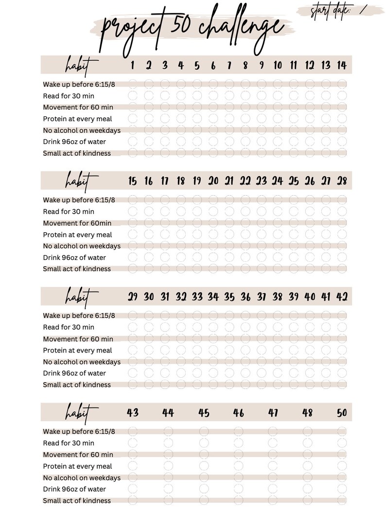 Project 50 Challenge Daily Checklist Tracker Simple and Personal - Etsy