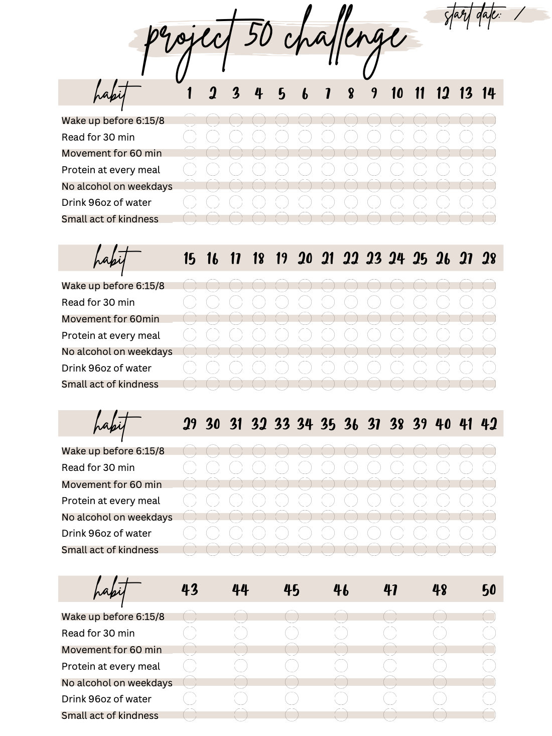 Project 50 Challenge Daily Checklist Tracker - Simple and Personal - Etsy