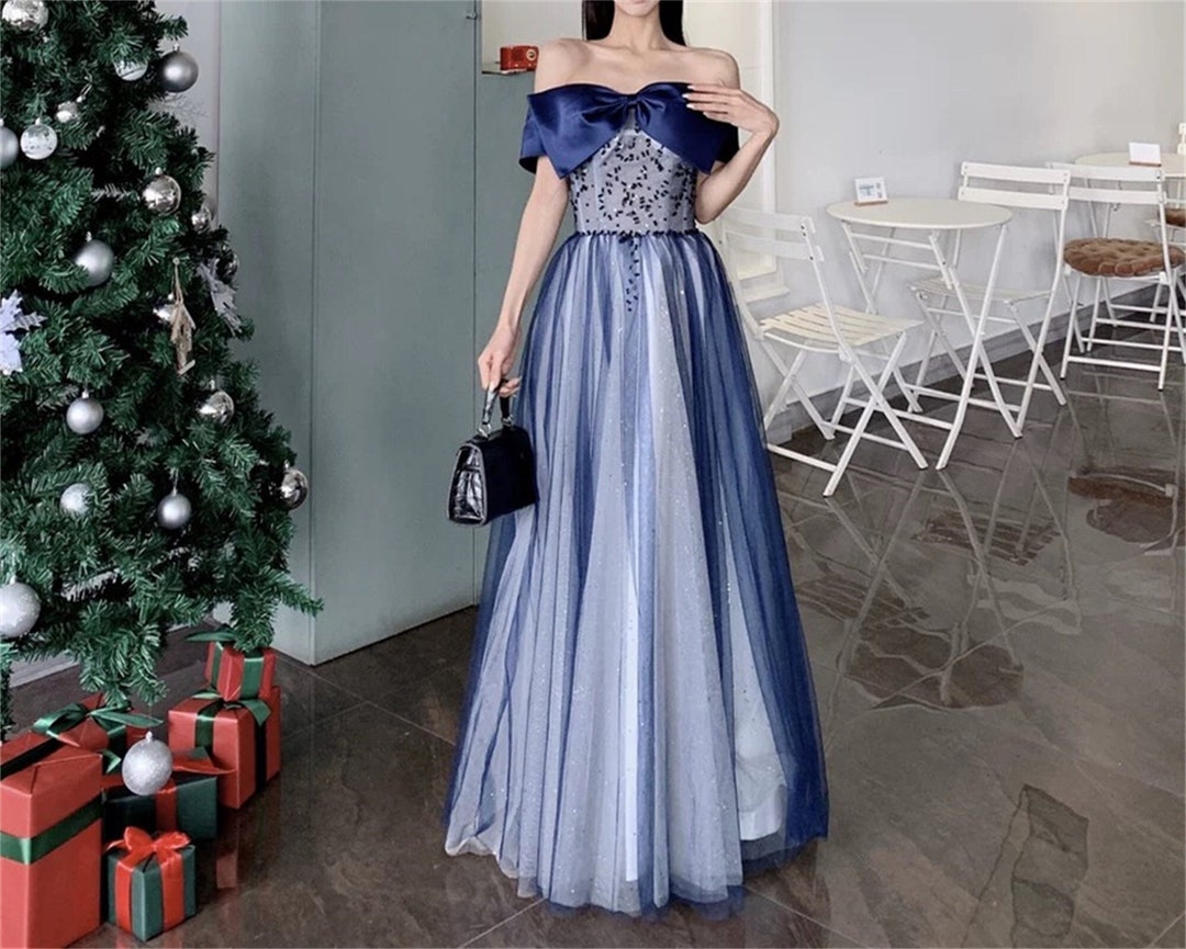 Off Shoulder Celestial Blue Prom Dress Bow Evening Dress Boho Wedding ...