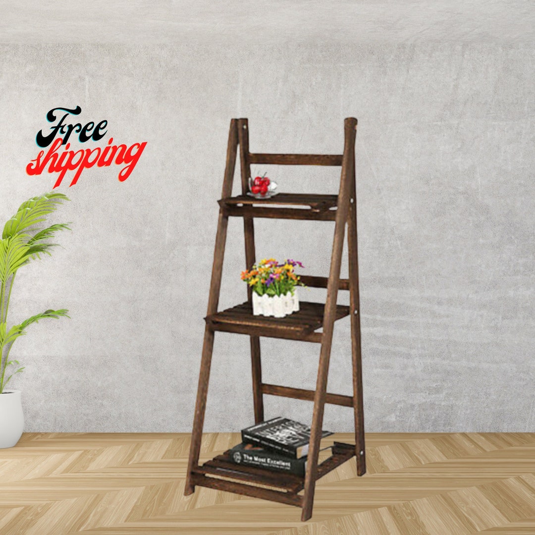 Foldable Wooden Ladder Plant Shelf Ladder 3 Tier Wooden - Etsy