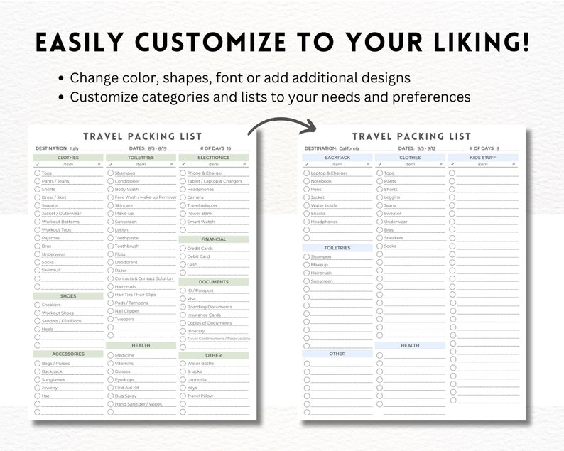 Editable Travel Packing List Template | Instant Download | Editable in ...