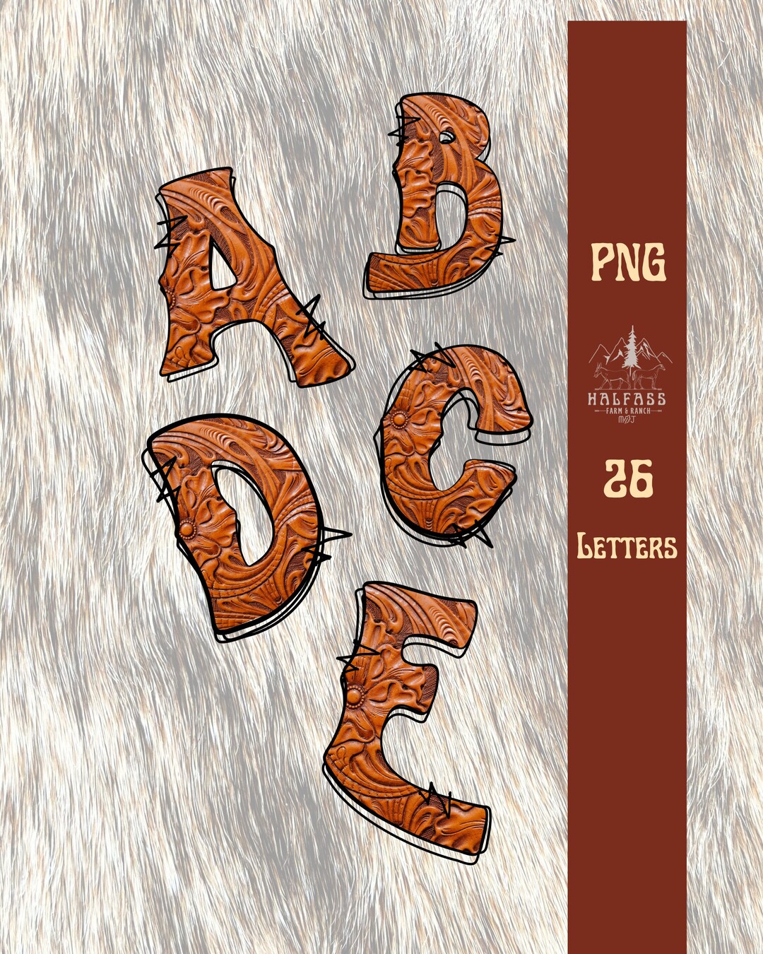 Western Alphabet Leather Clipart Western Png Cowboy Alphabet Png Bundle ...