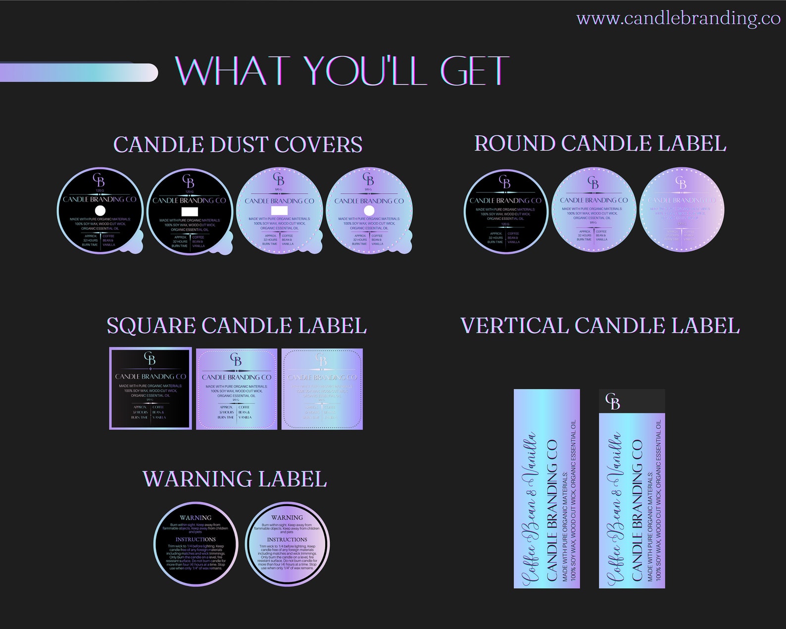Holographic Candle Business Bundle, Holo Lilac Candle Labels ...