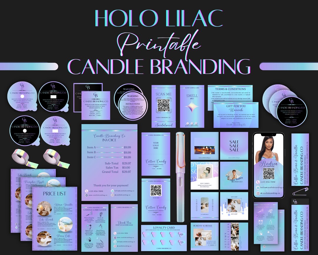 Holographic Candle Business Bundle, Holo Lilac Candle Labels ...