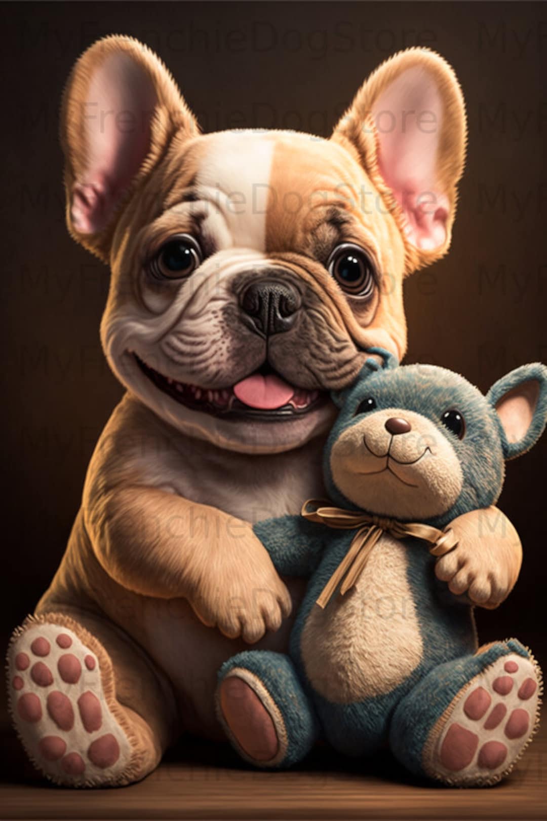 Custom Frenchie Holding Teddy Bear, Custom Dog Art, Teddy Bear Art ...