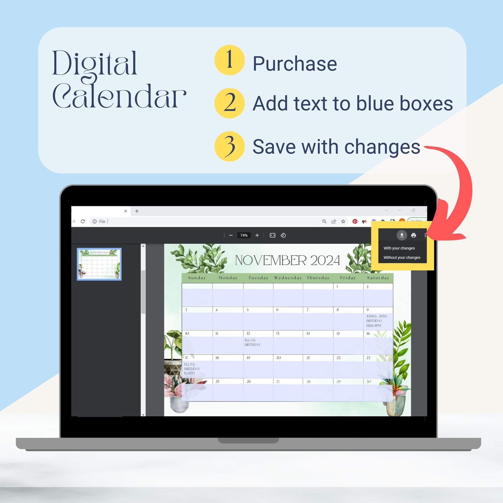Editable November 2024 Calendar, Digital Monthly Calendar, Printable ...