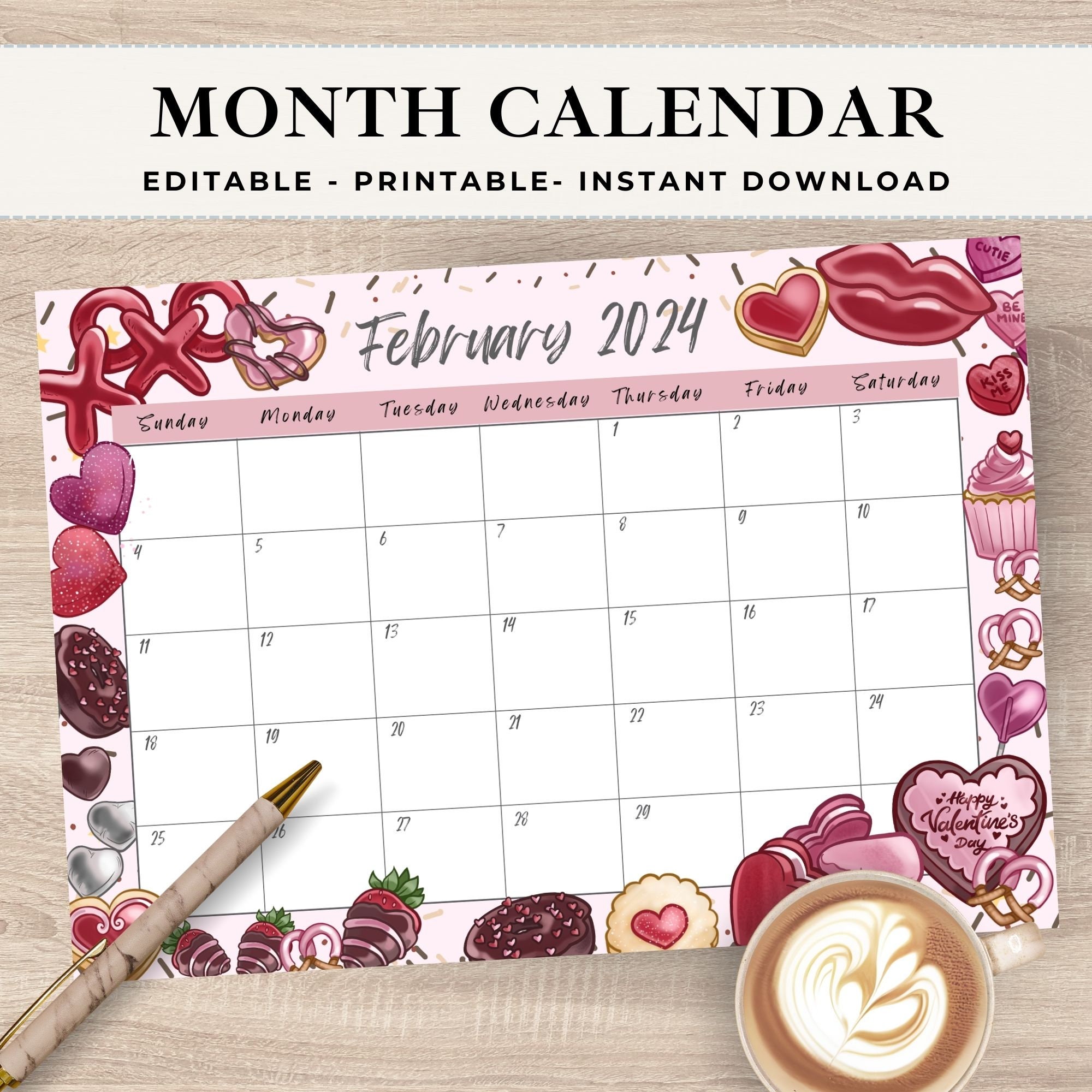 February 2024 Calendar FILLABLE PDF, EDITABLE Calendar Template ...