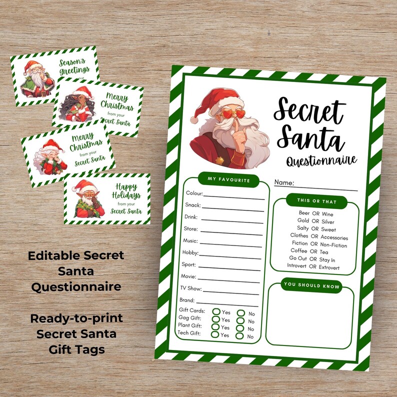 Secret Santa Questions Template Printable, Editable Questionnaire for ...