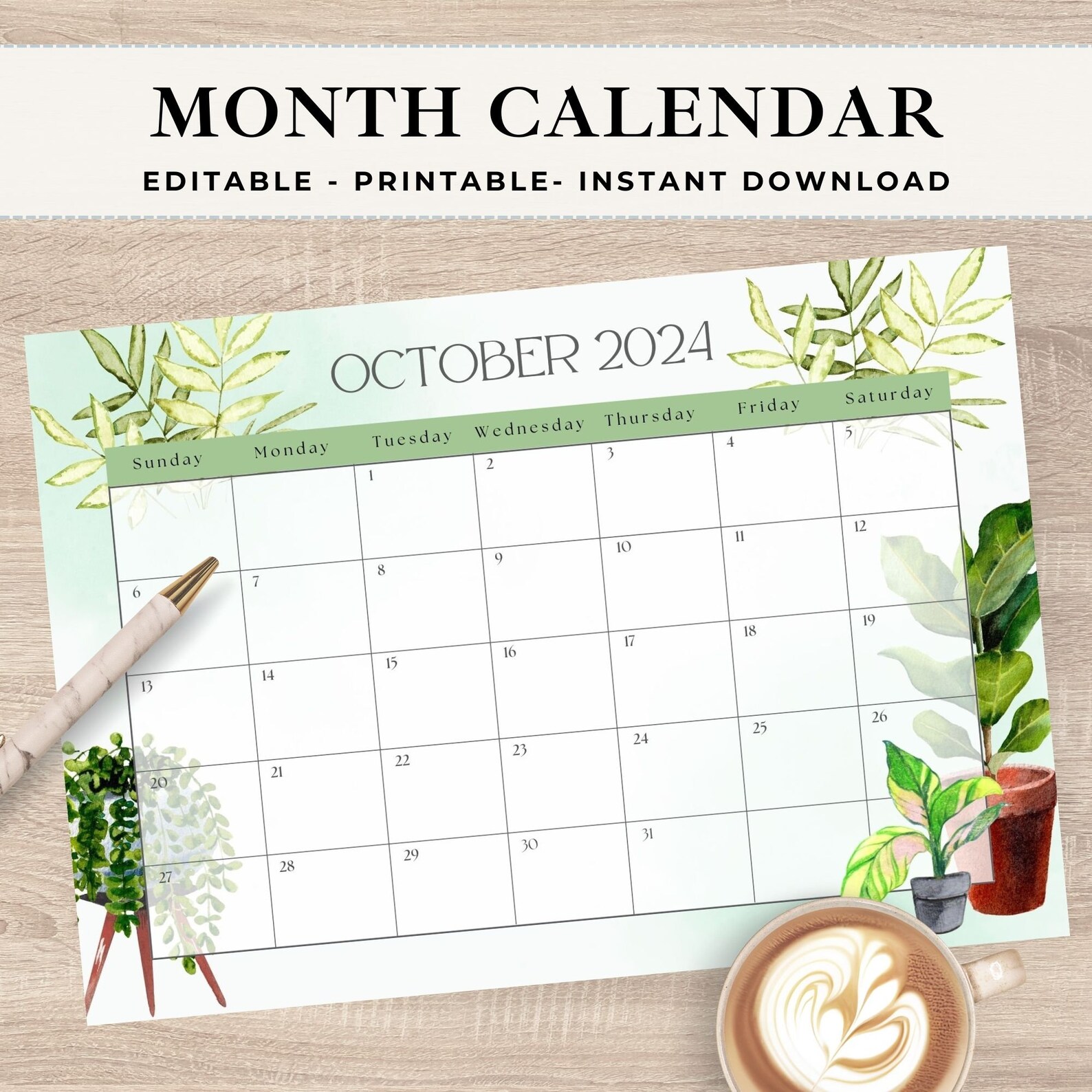Editable October 2024 Calendar, Digital Monthly Calendar, Printable ...