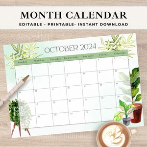 Editable October 2024 Calendar, Digital Monthly Calendar, Printable ...
