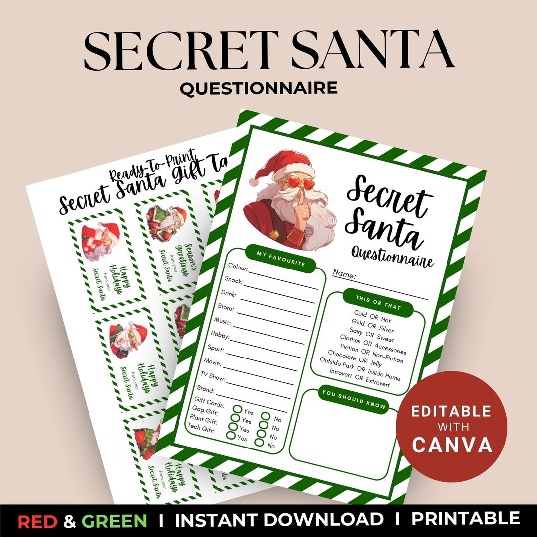 Secret Santa Questions Template Printable, Editable Questionnaire for ...