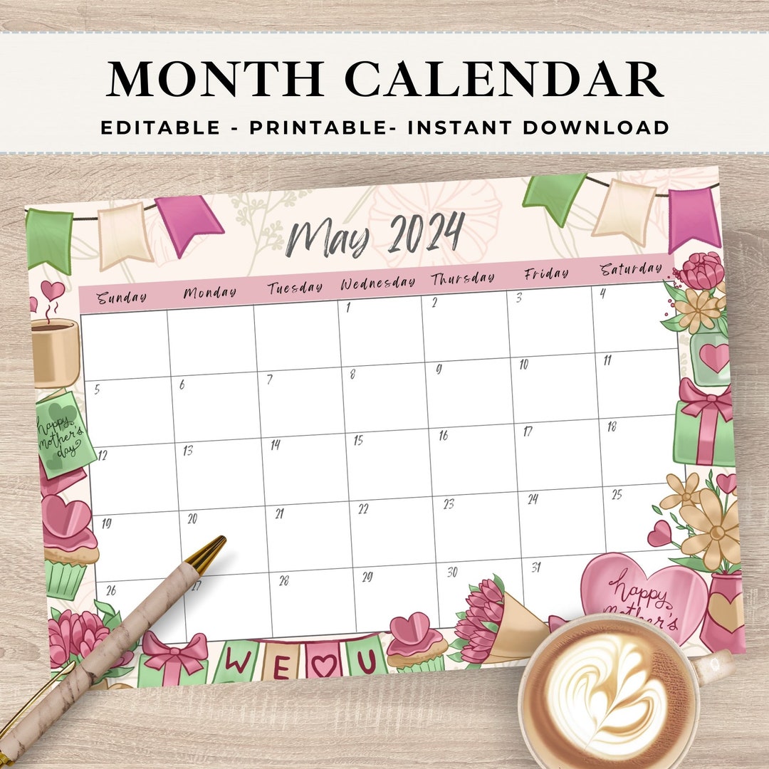 May 2024 Calendar Digital Download PDF, EDITABLE May Calendar Template ...
