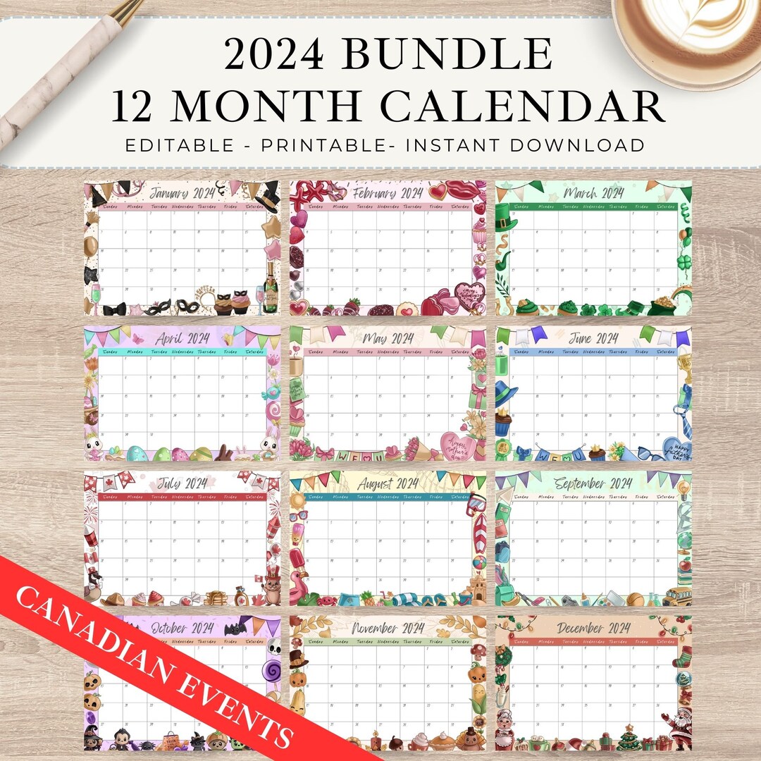 2024 Calendar Printable Editable Bundle, Digital Calendar, 12 Month ...