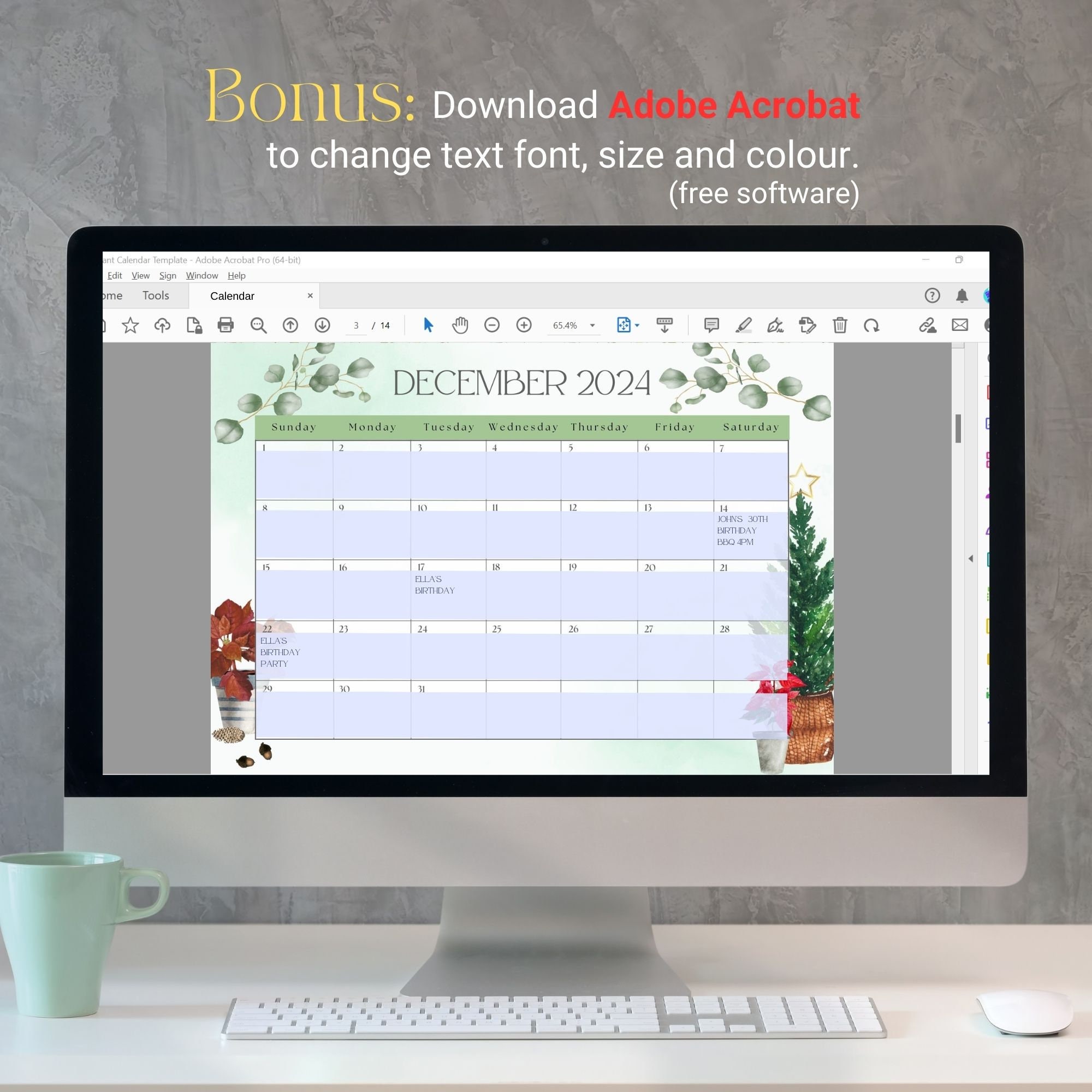 Editable December 2024 Calendar, Digital Monthly Calendar, Printable ...