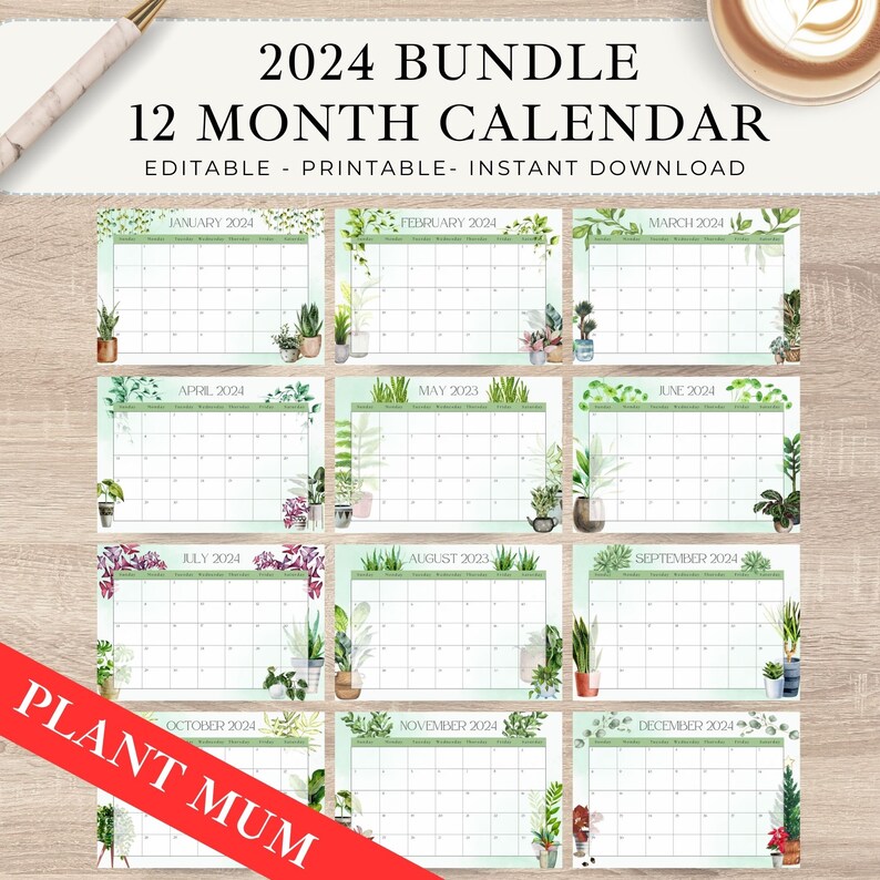 Editable 2024 Calendar Bundle, Digital Year Calendar, Printable ...