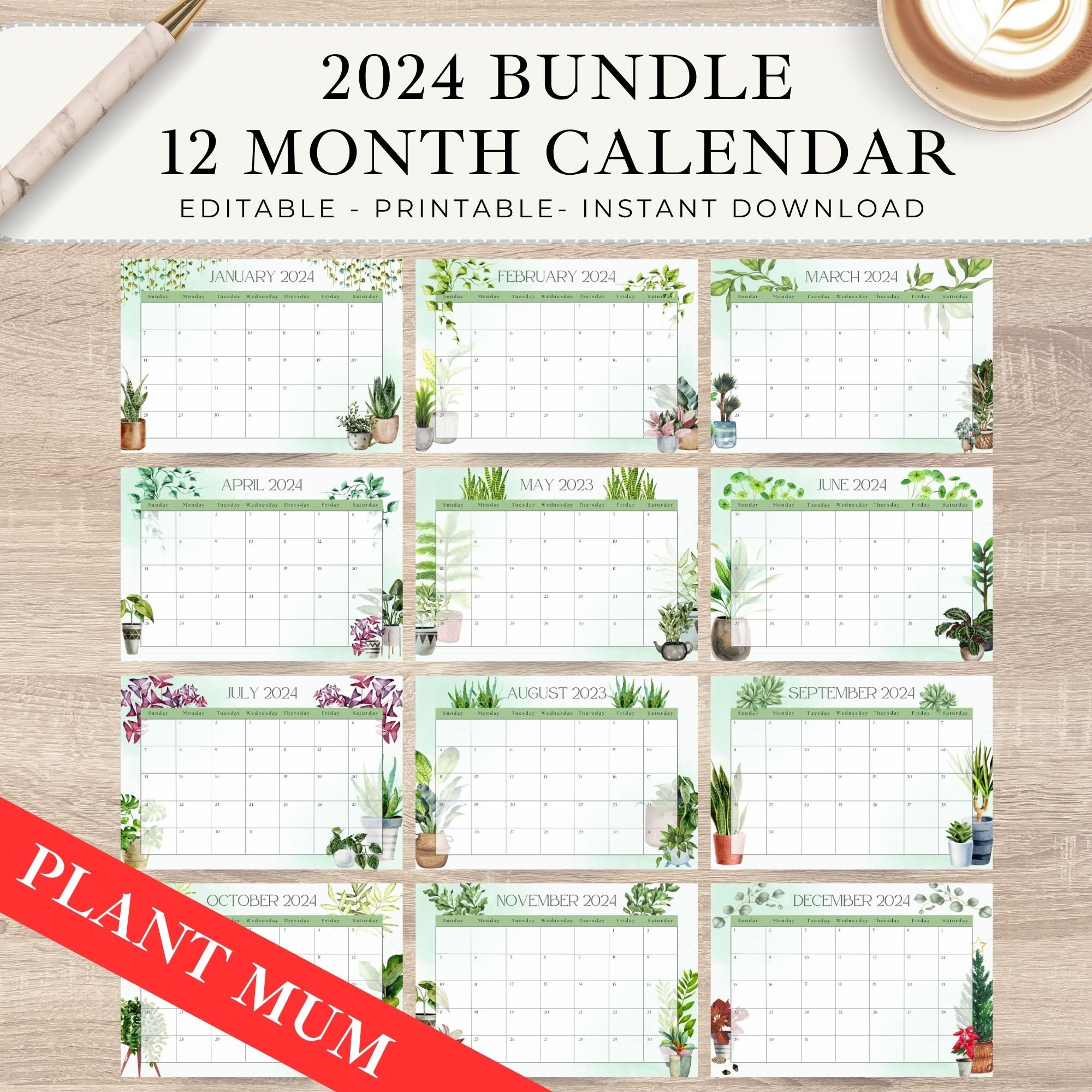 Editable 2024 Calendar Bundle, Digital Year Calendar, Printable ...