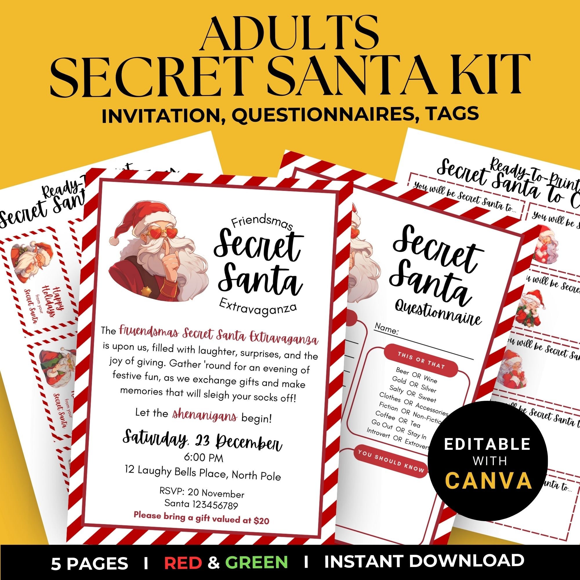 Secret Santa Questionnaire for Adults, Secret Santa Questions Template ...