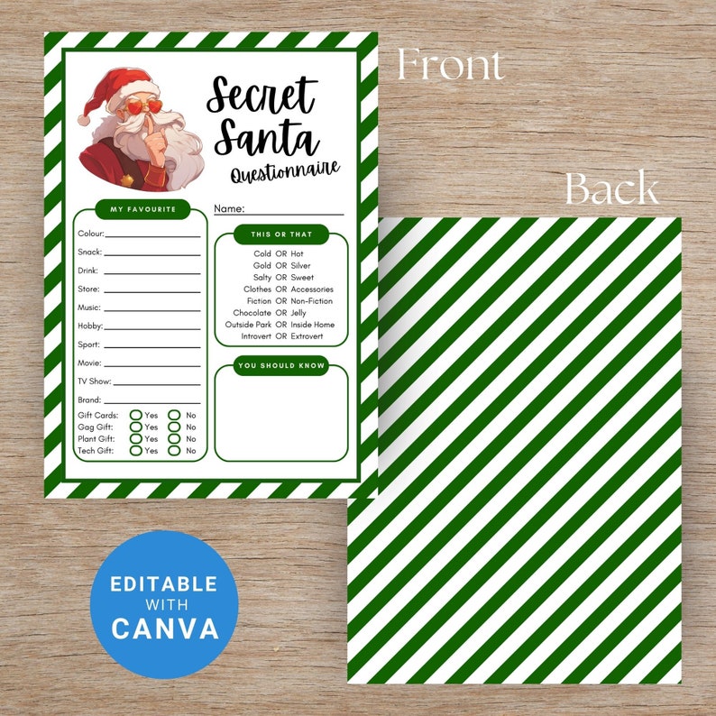 Secret Santa Questions Template Printable, Editable Questionnaire for ...