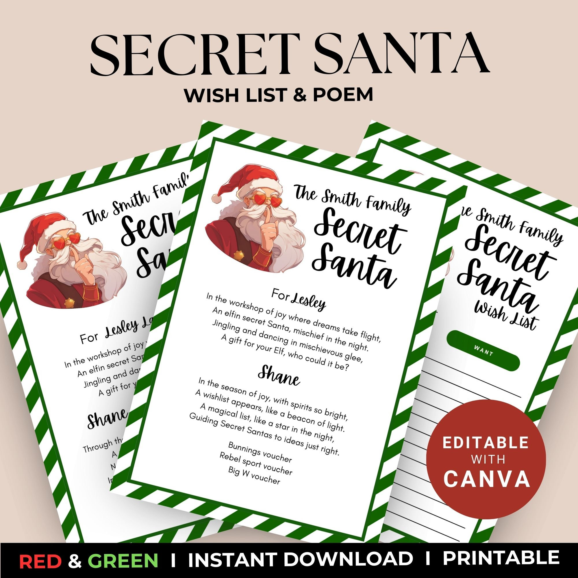Printable Secret Santa Wish List Template, Secret Santa Poem, Secret ...