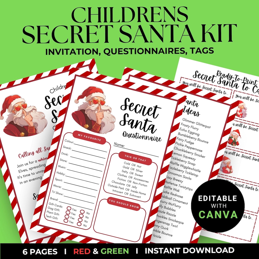 Secret Santa Questions for Kids, Secret Santa Flyer Questionnaire for ...