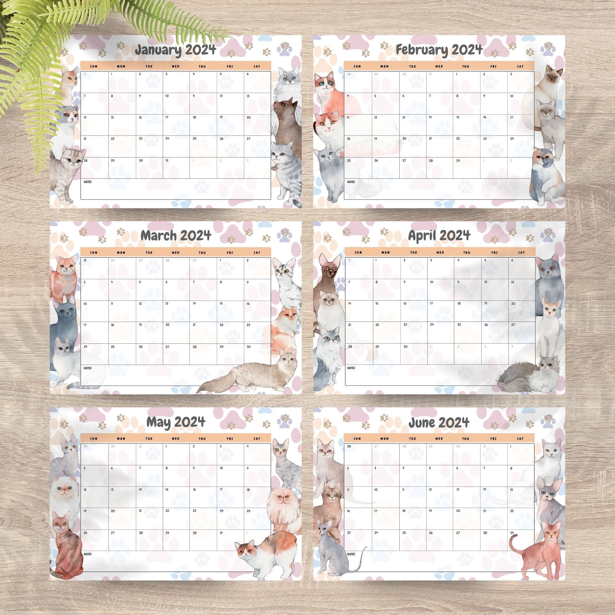 2024 Calendar Printable Editable Bundle, Watercolour Cats, Digital ...