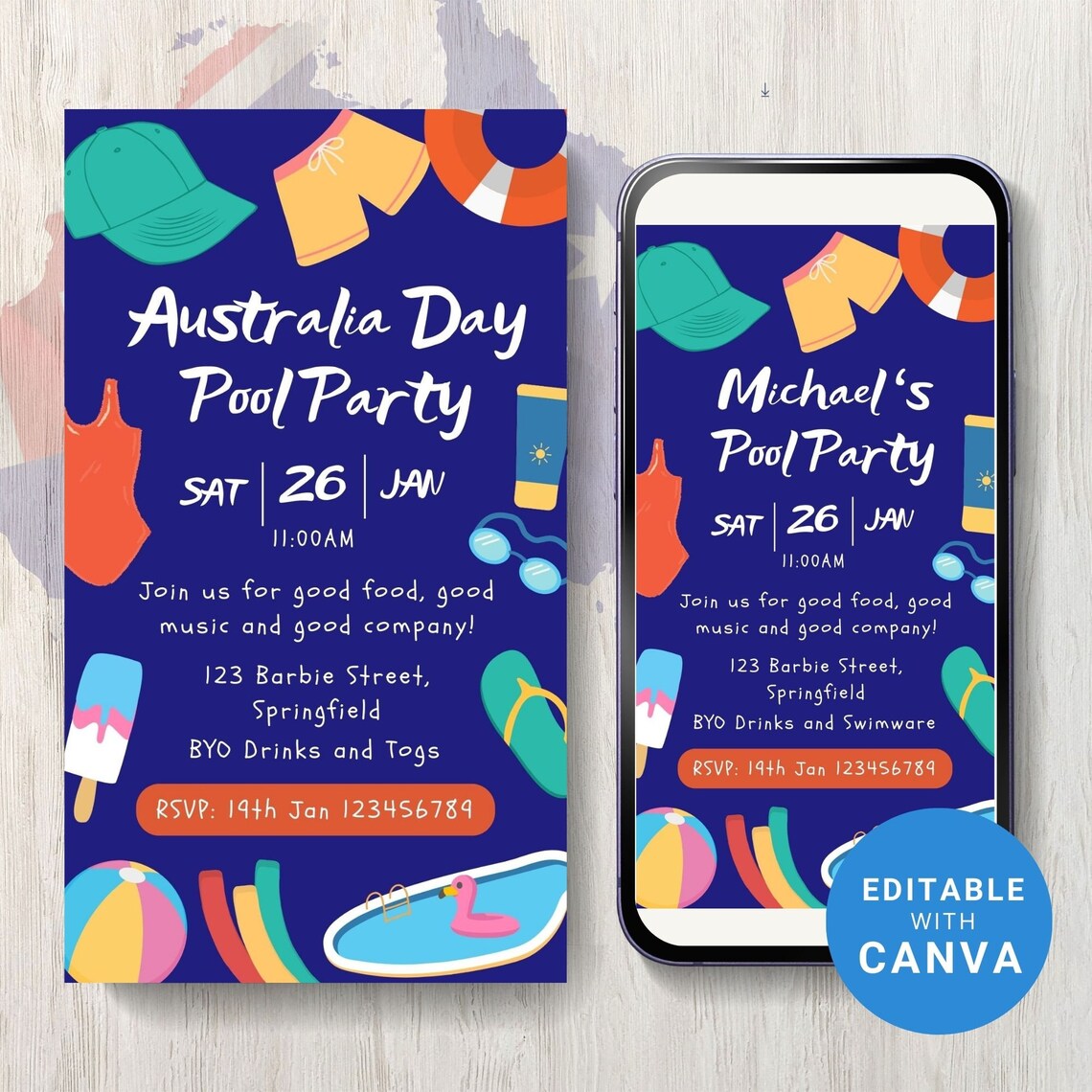 Digital Australia Day Pool Party Invitation, Australia Day Evite ...