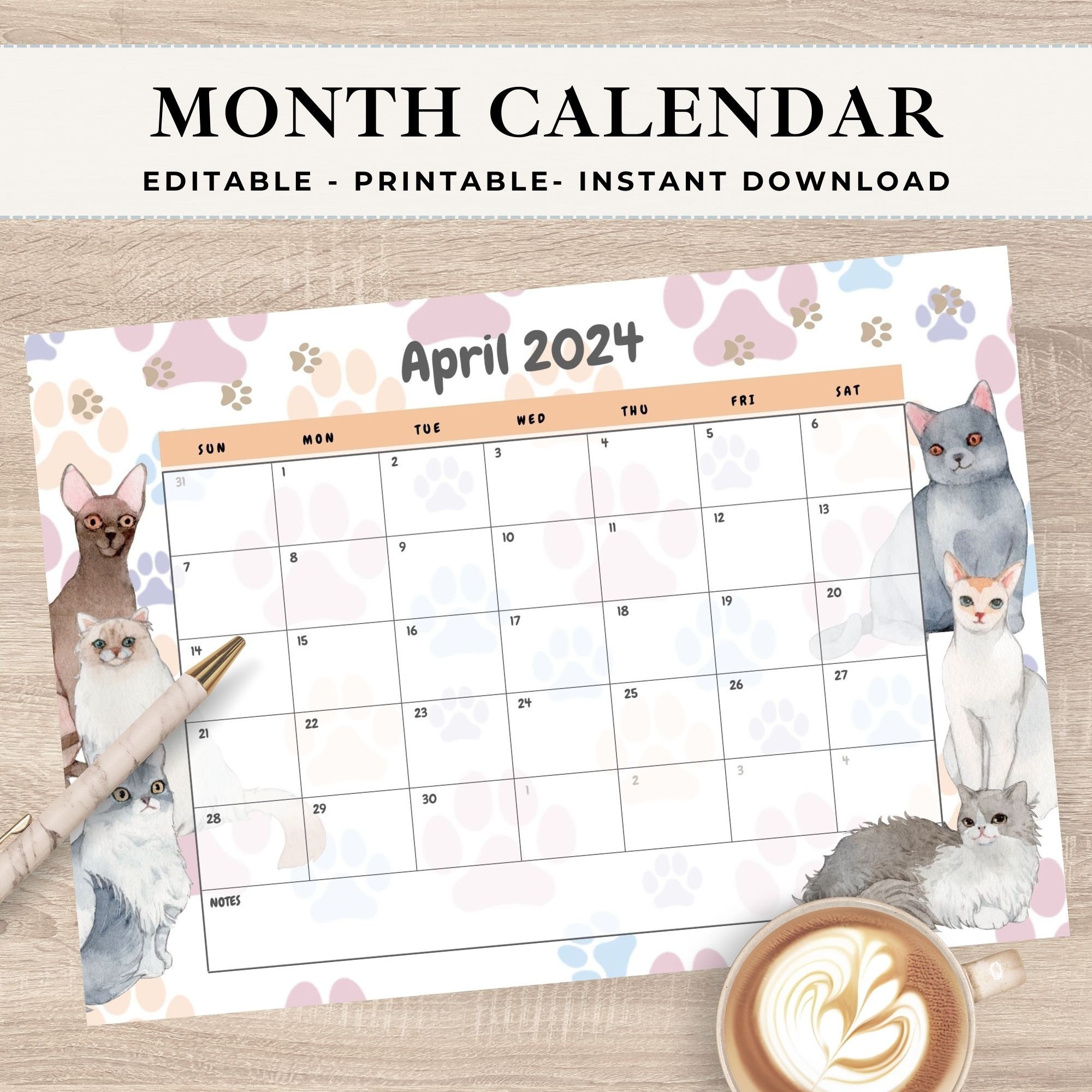 2024 Calendar Printable Editable APRIL, Digital Monthly Planner ...