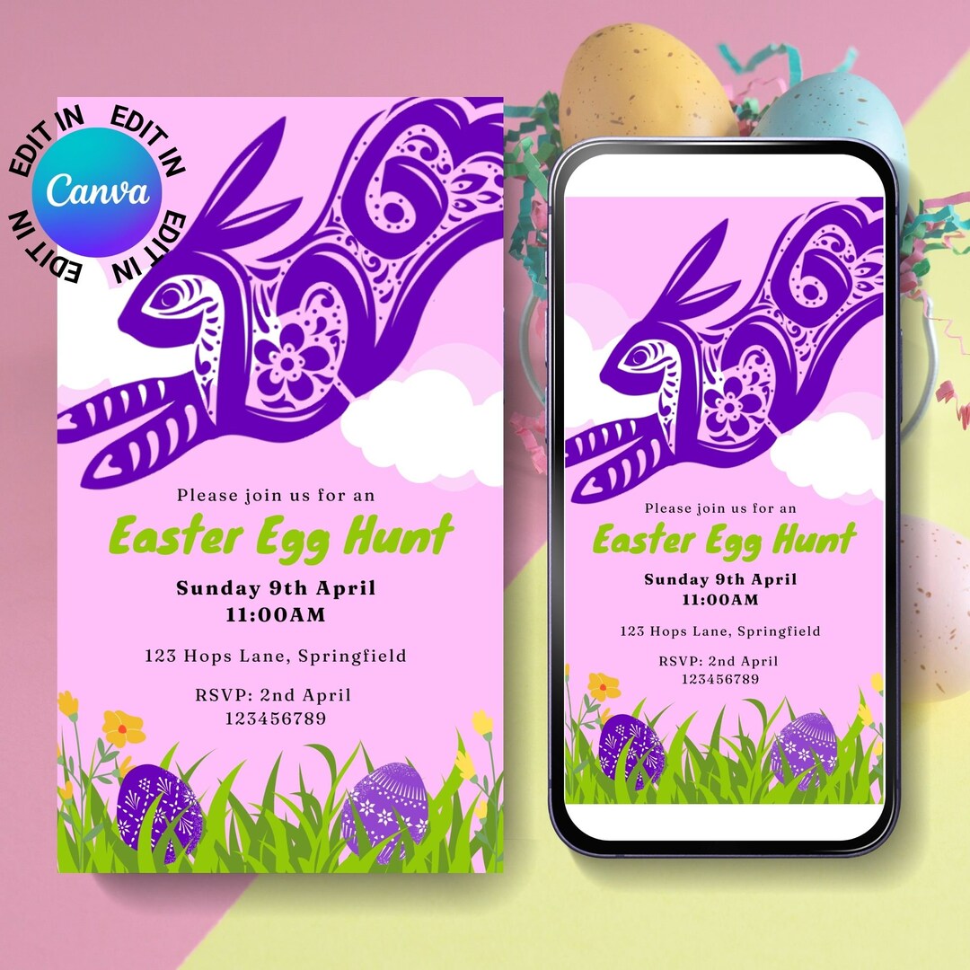Digital Easter Egg Hunt Invitation Canva Easter Invitation Template Digital Easter Egg Hunt Invitation Canva Easter Invitation Template