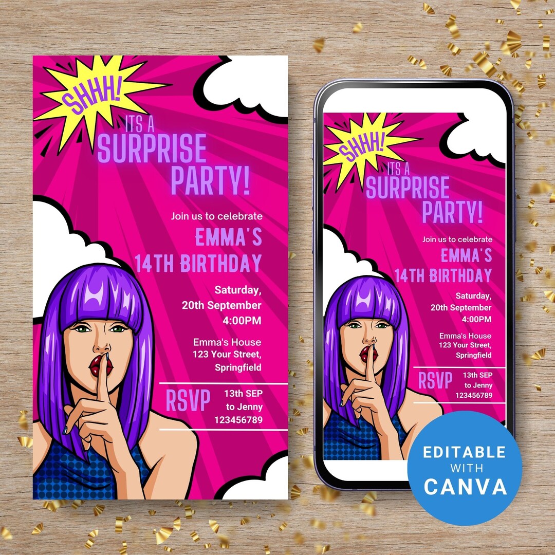 Digital Birthday Invitation Teens Girls, Pop Art Surprise Party Invite ...