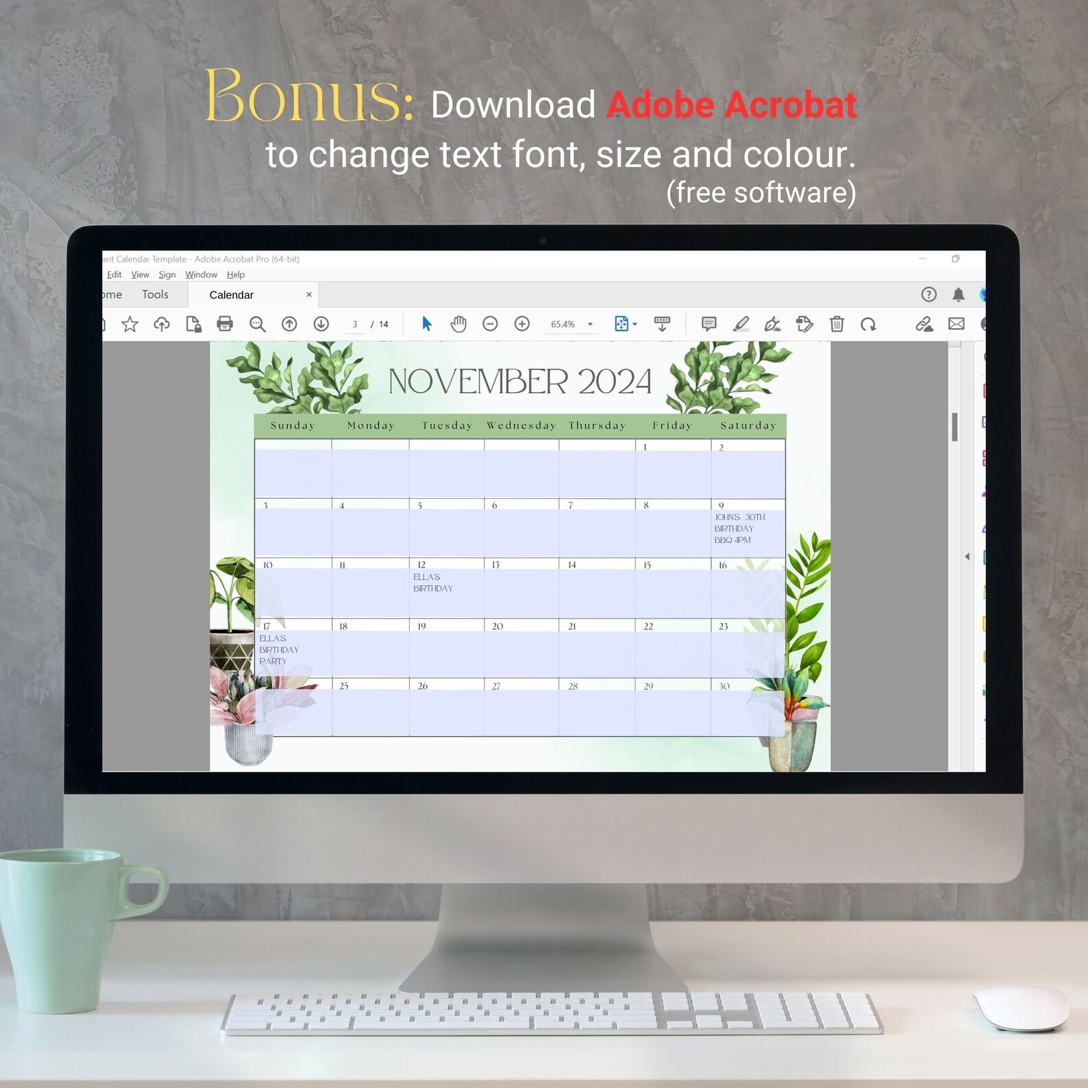 Editable November 2024 Calendar, Digital Monthly Calendar, Printable ...