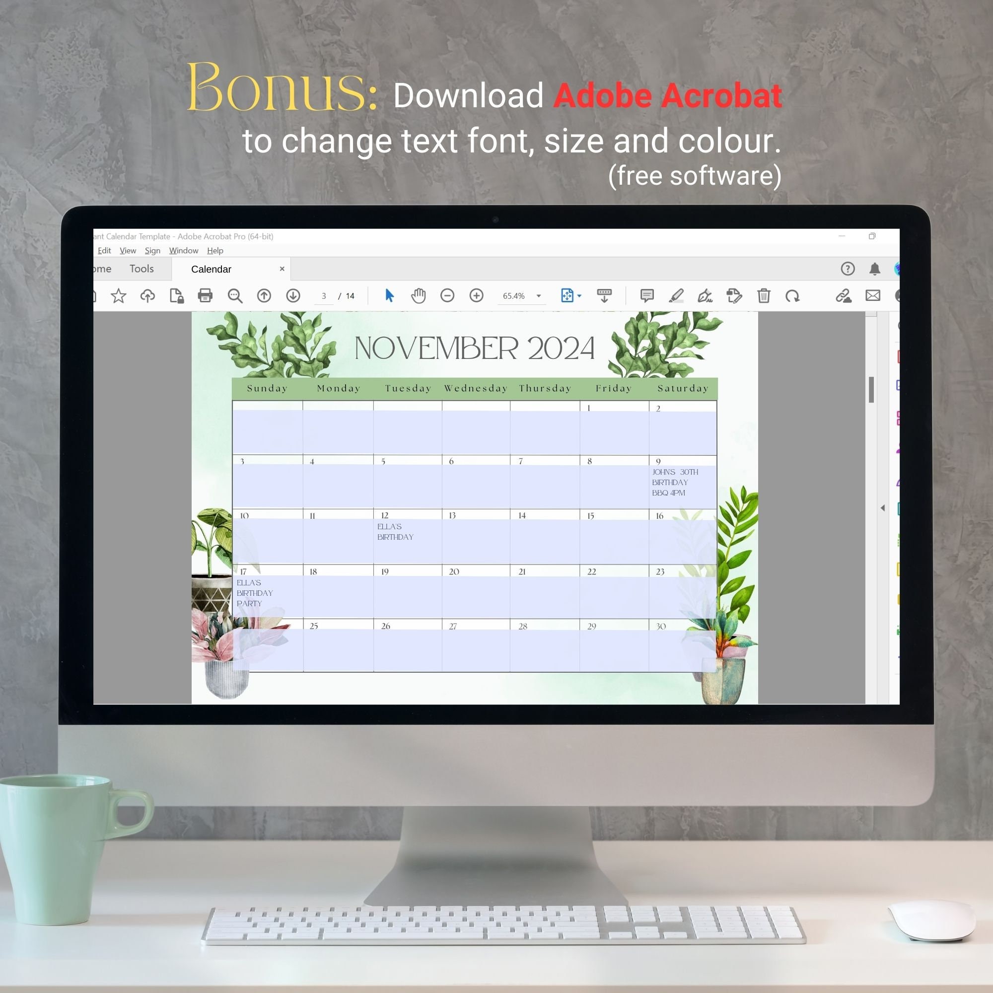 Editable November 2024 Calendar, Digital Monthly Calendar, Printable ...