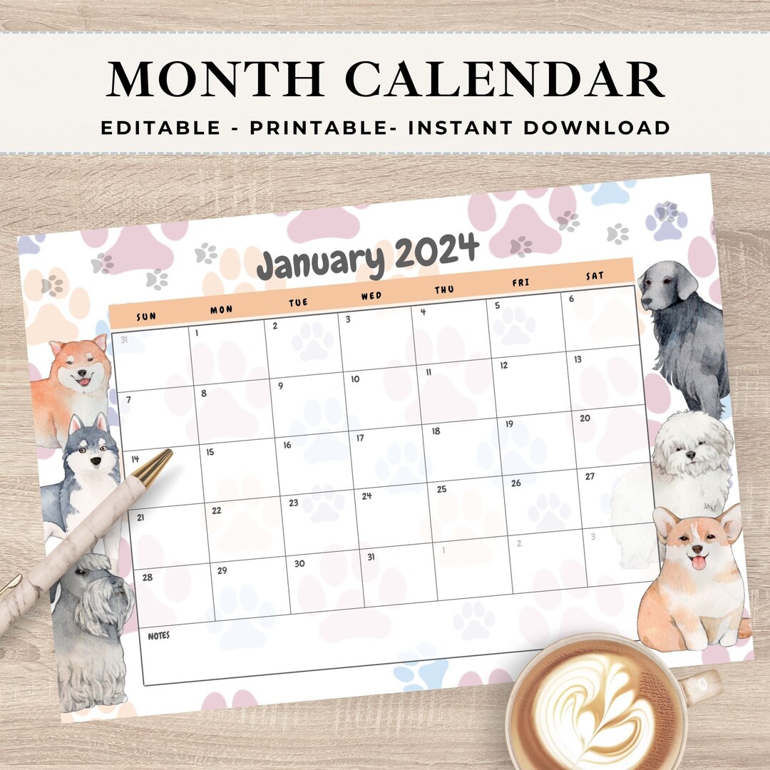 Editable January 2024 Calendar, Watercolour Dogs, Digital Monthly ...