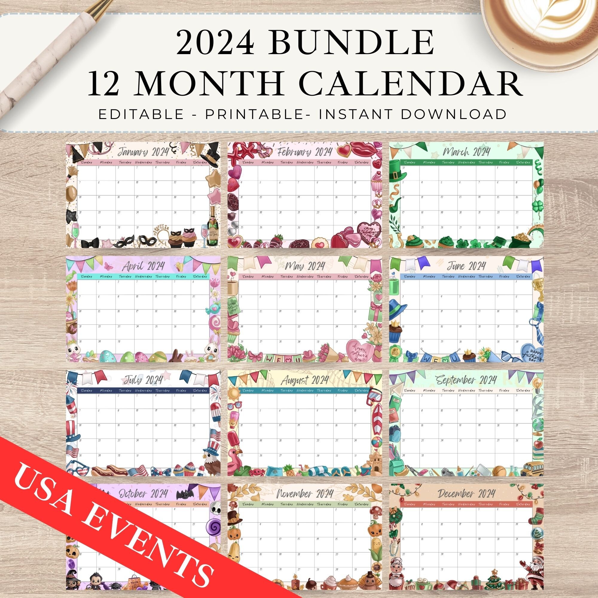 2024 Calendar Printable Editable Bundle, Digital Calendar, 12 Month ...