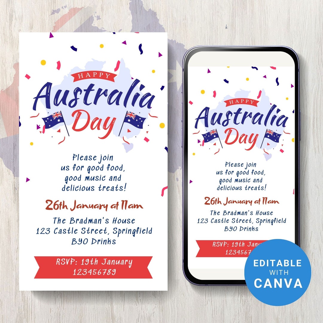 Digital Australia Day Invitation, Australia Day Evite, Minimal Party ...