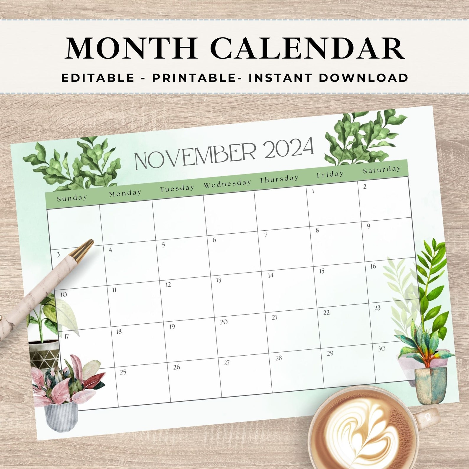 Editable November 2024 Calendar, Digital Monthly Calendar, Printable ...