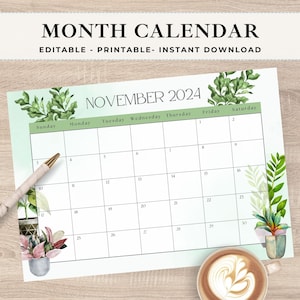 Editable November 2024 Calendar, Digital Monthly Calendar, Printable ...