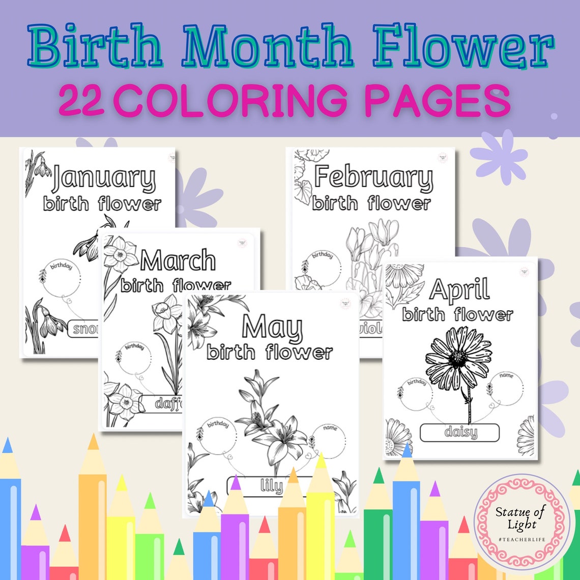 Printable Birth Month Flowers Coloring Pages, Birthday Month Coloring ...