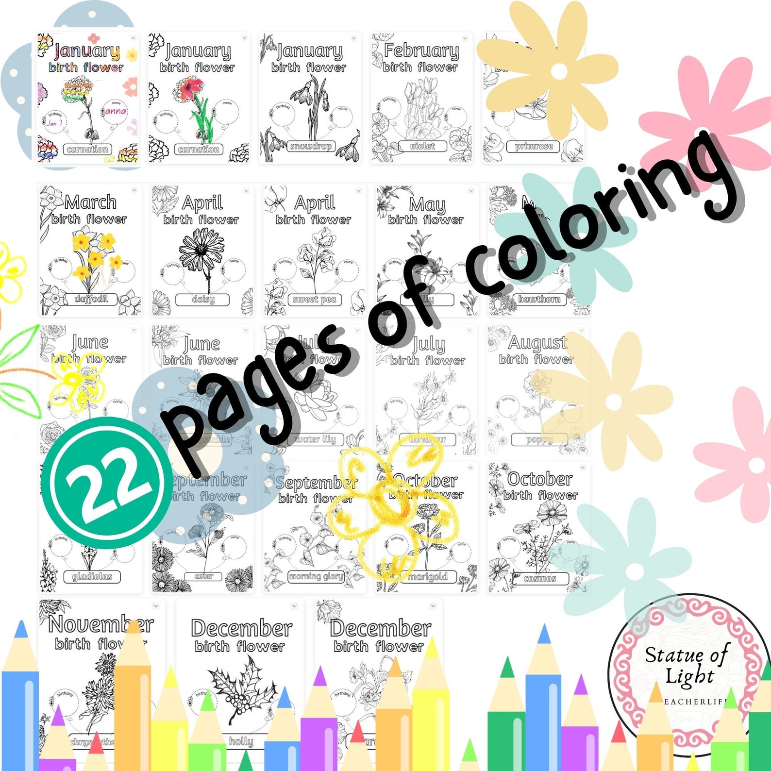 Printable Birth Month Flowers Coloring Pages, Birthday Month Coloring ...
