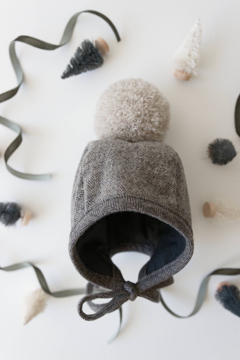 Baby Boy Bonnet, Gray Boy Hat, Handmade Bonnet With Wool Pom Pom - Etsy