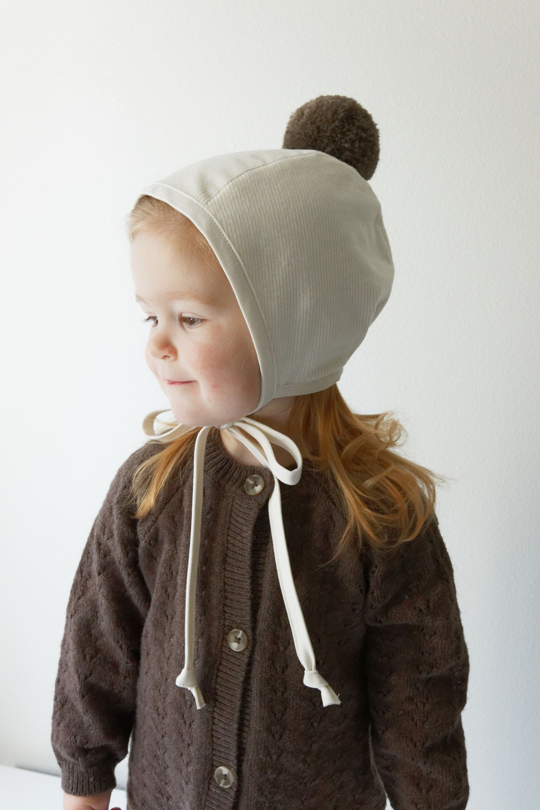 Fall Baby Bonnet, Handmade Cotton Hat, Corduroy Bonnet With Pom Pom ...