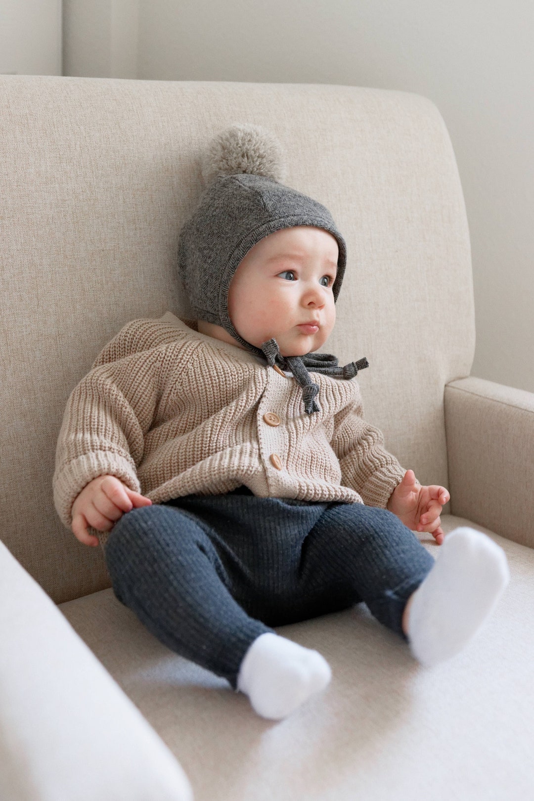 Baby Boy Bonnet, Gray Boy Hat, Handmade Bonnet With Wool Pom Pom - Etsy