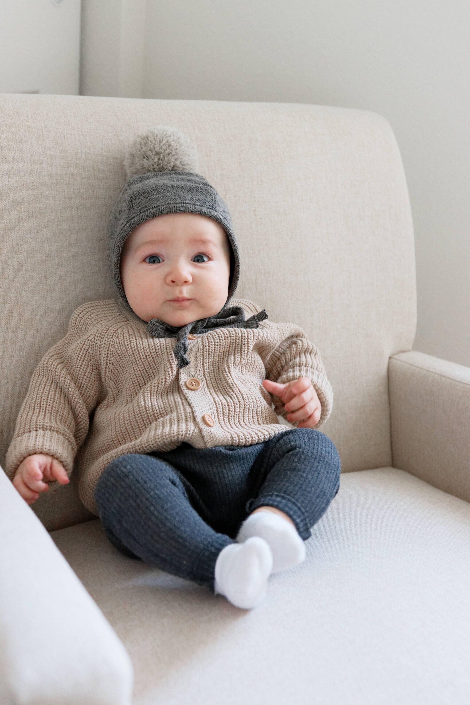 Baby Boy Bonnet, Gray Boy Hat, Handmade Bonnet With Wool Pom Pom - Etsy