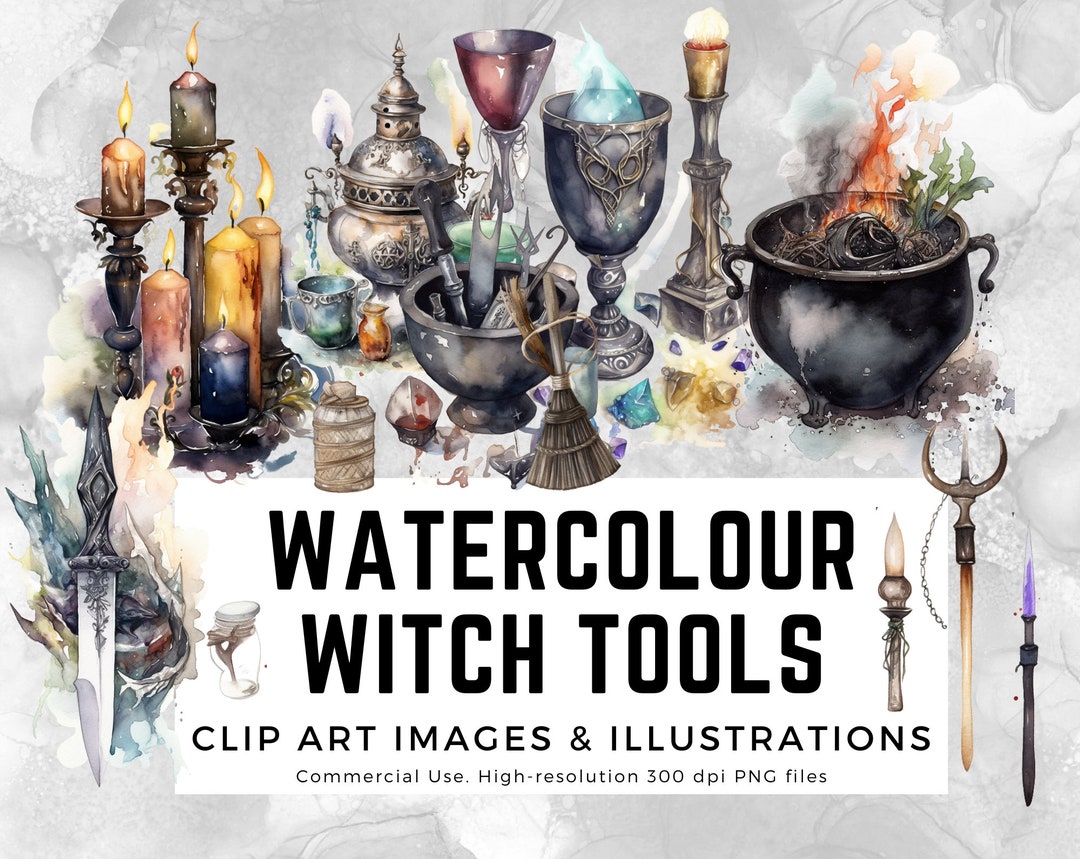 Watercolor Witch Tools - Witchcraft Clipart Altar Objects Watercolour ...