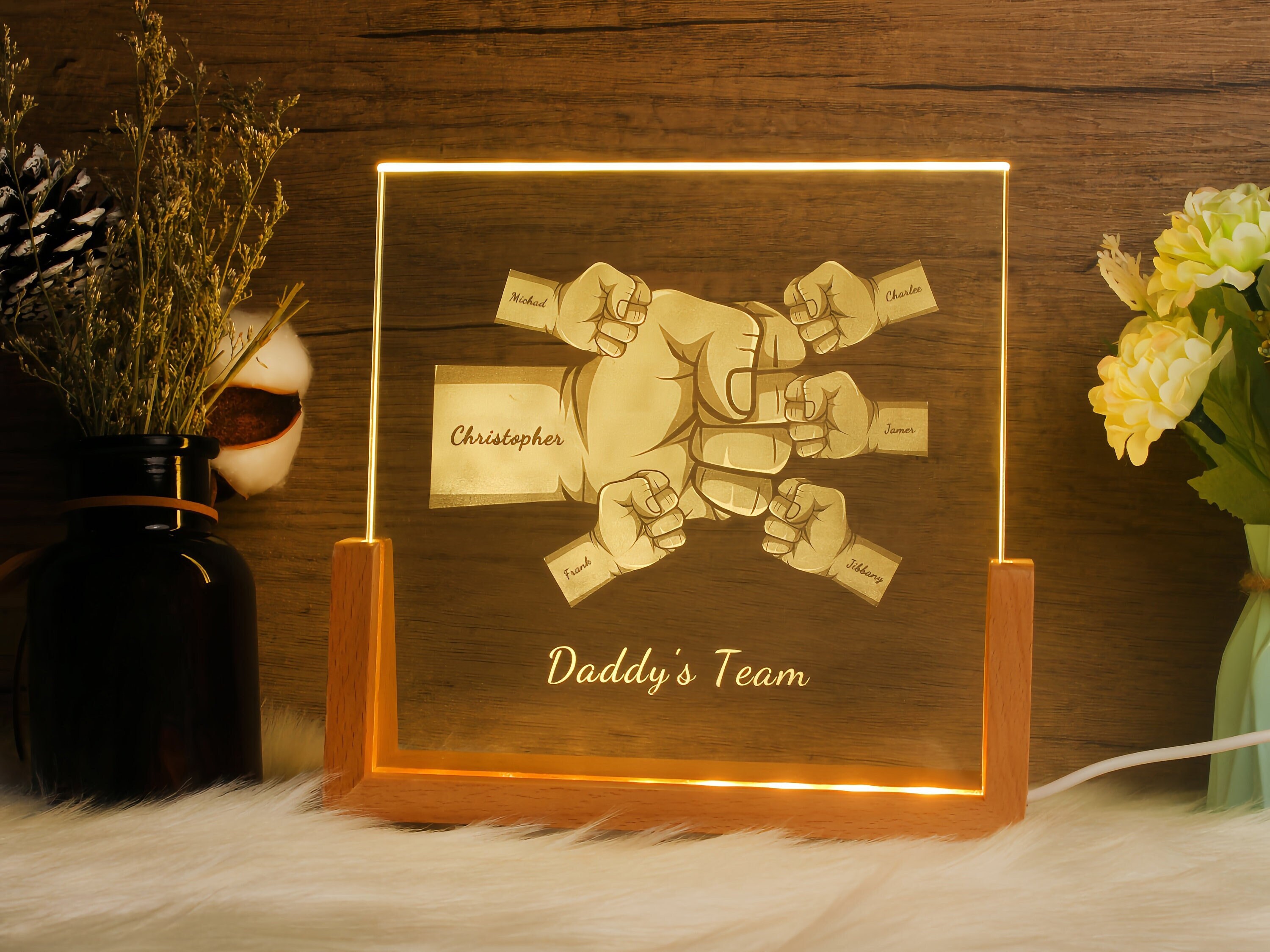 Custom Daddy's Team Fist Bump Lamp, Personalized Crystal LED Night ...